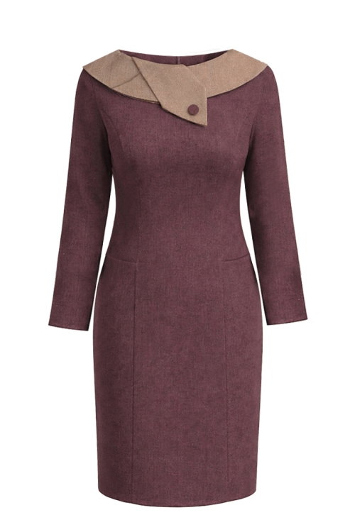 Rochie bordo din stofa fina cu guler asimetric barcuta