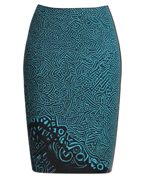 Fusta conica turcoaz imprimata cu model abstract CMD3706