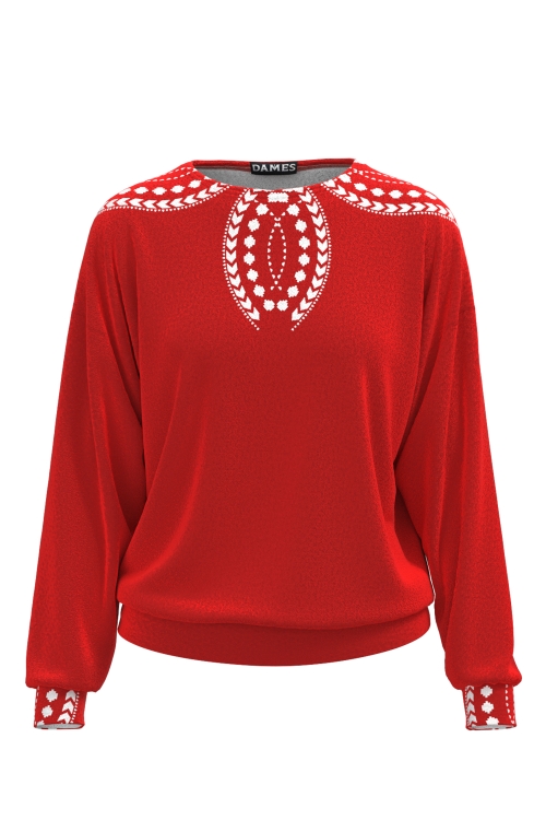 Bluza rosie tip hanorac din catifea imprimata traditional