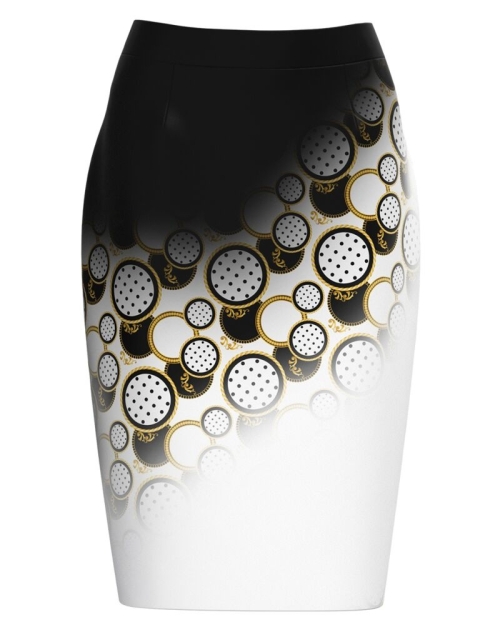 Fusta conica alb negru imprimata cu model geometric in contrast CMD2992