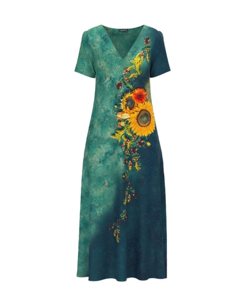 Rochie de vara lunga cu buzunare imprimata digital Floarea soarelui CMD915