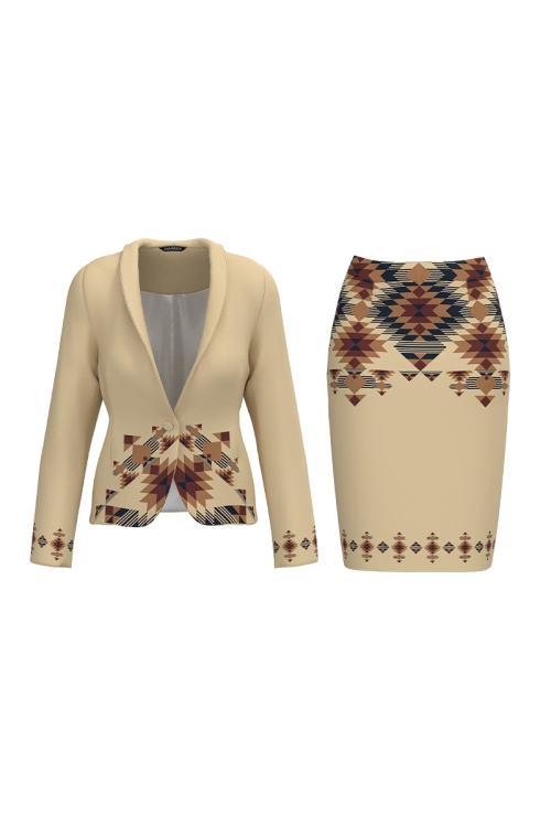 Costum dama bej imprimat traditional