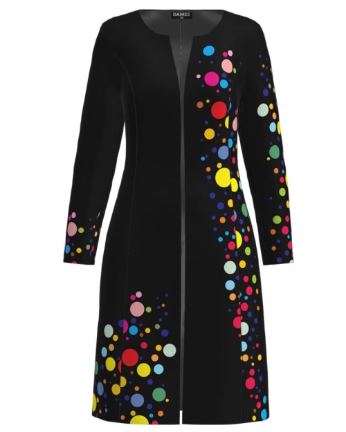 Jacheta neagra de dama lunga imprimata cu model buline colorate CMD3192