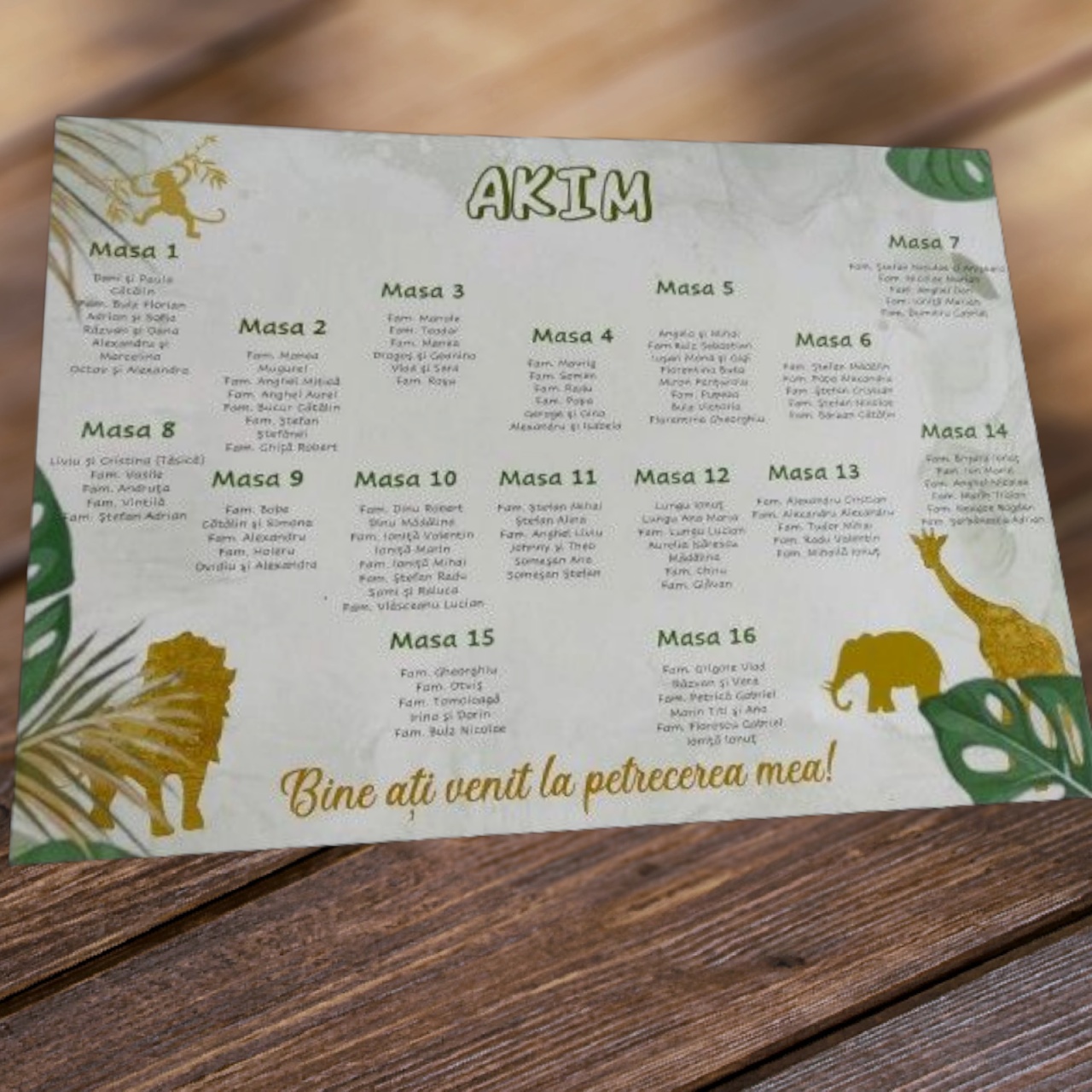 Opis - așezare invitați la mese tematica Golden Jungla