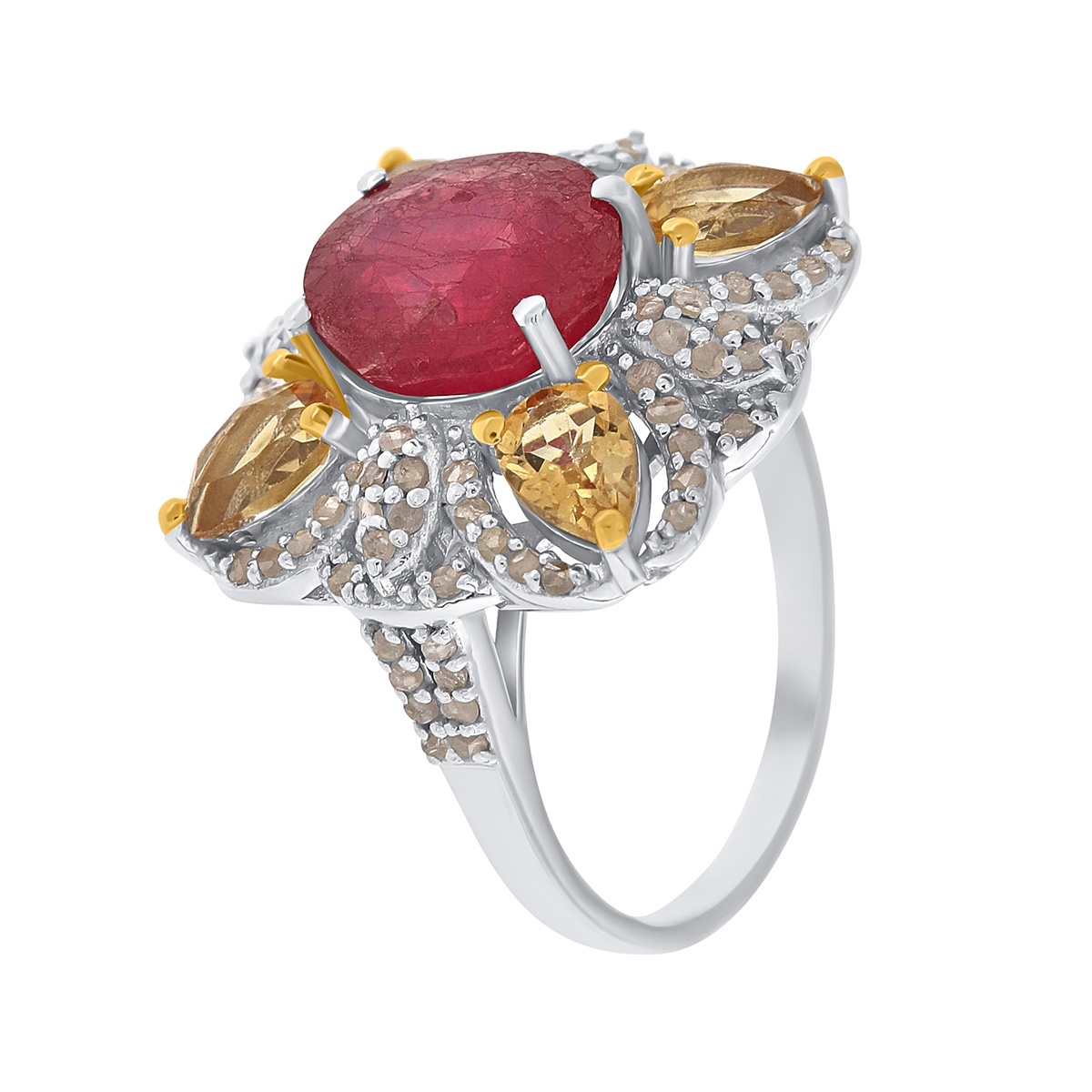Inel din argint cu citrin natural, rubin natural și diamante naturale 6 ...