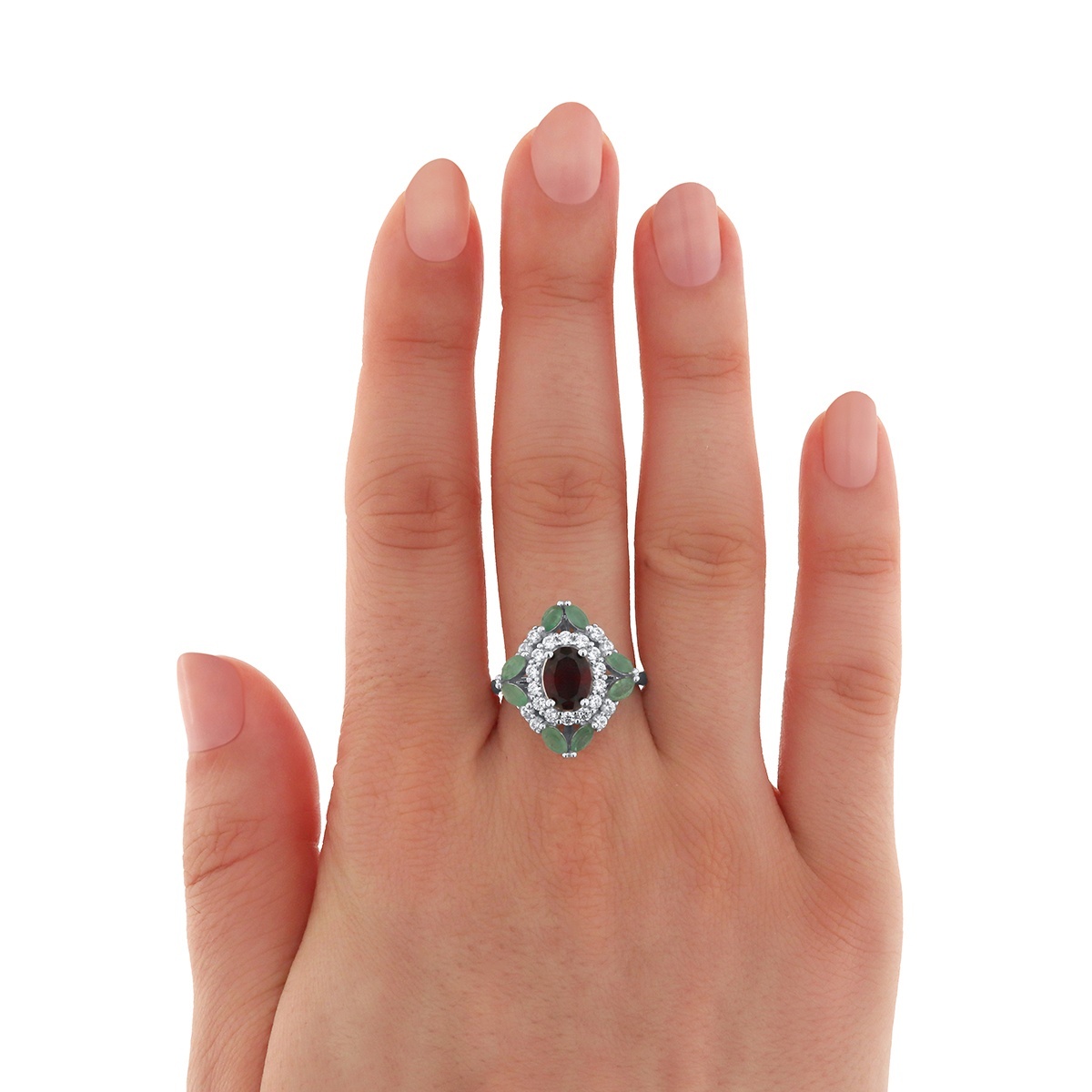 Inel din argint cu smaralde, granat și cubic zirconia 4.75 grame Alb ...