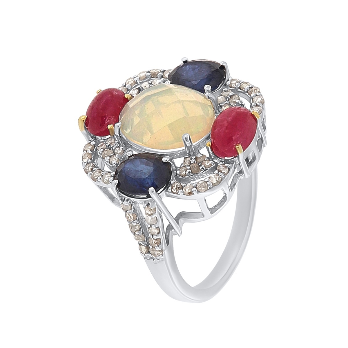 Inel din argint cu opal natural, safir natural, rubin natural și ...