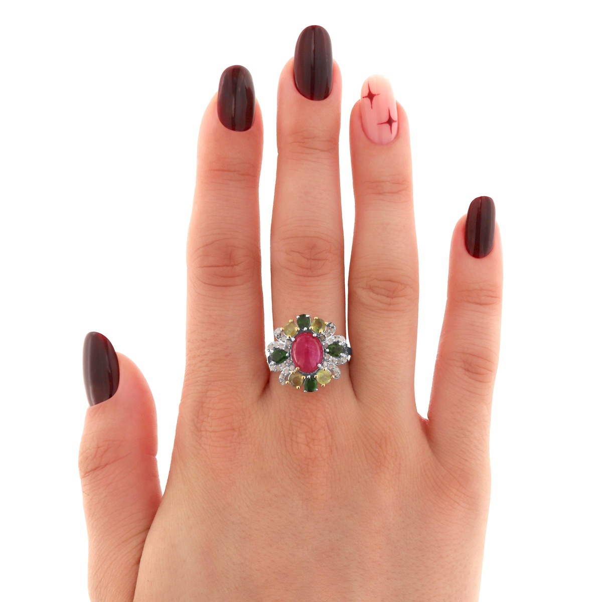 Inel din argint cu rubin natural, safire naturale, diopside naturale și ...