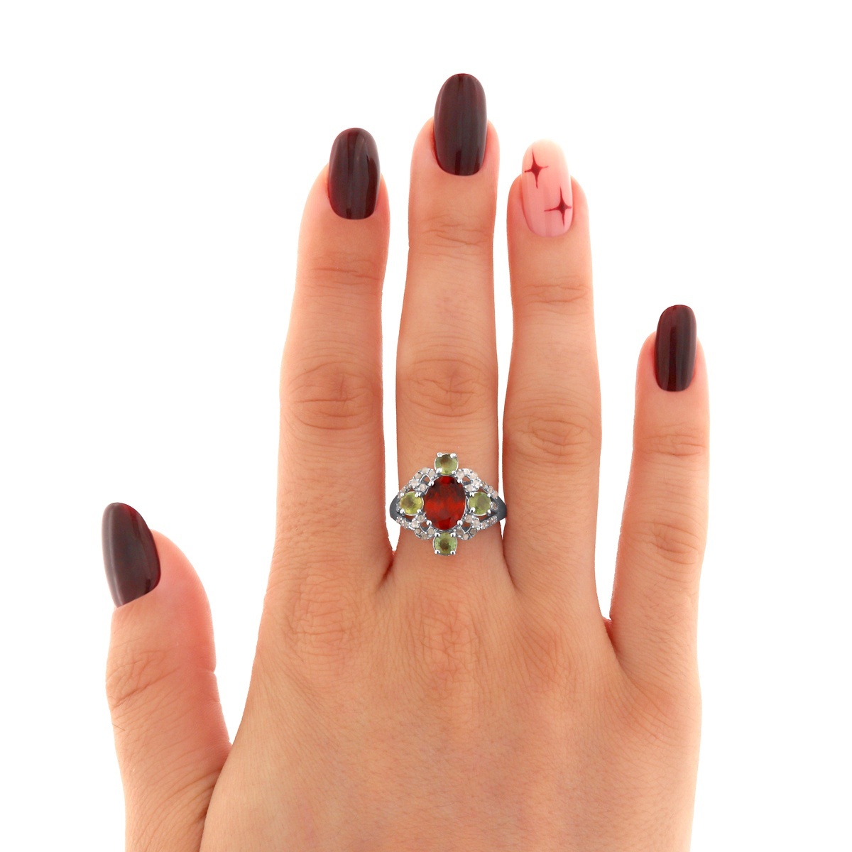 Inel din argint cu granat natural, safir natural și diamante naturale 3 ...