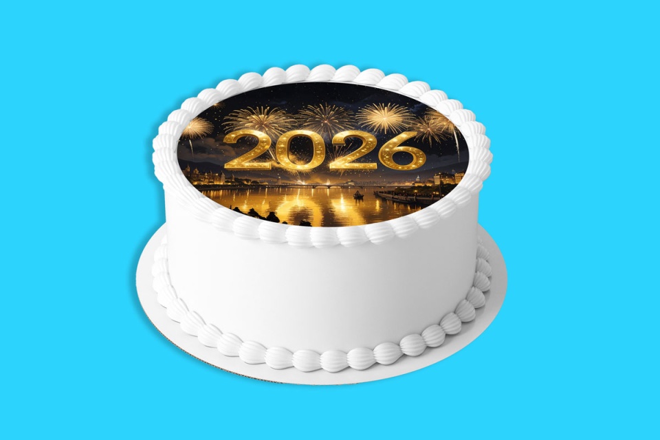 Imagine comestibila tort din Zahar,Happy New Year "2026" model Auriu ...