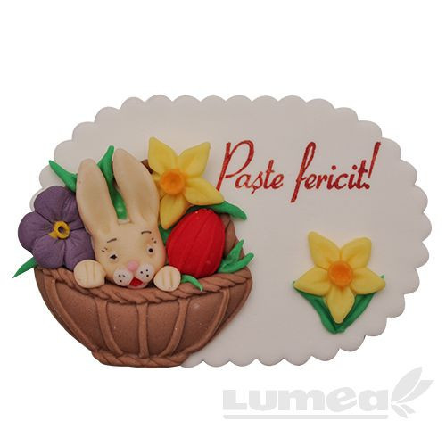 Tablita Paste Fericit cu iepuras din pasta de zahar, L9,5 cm x l 6,5 cm ...
