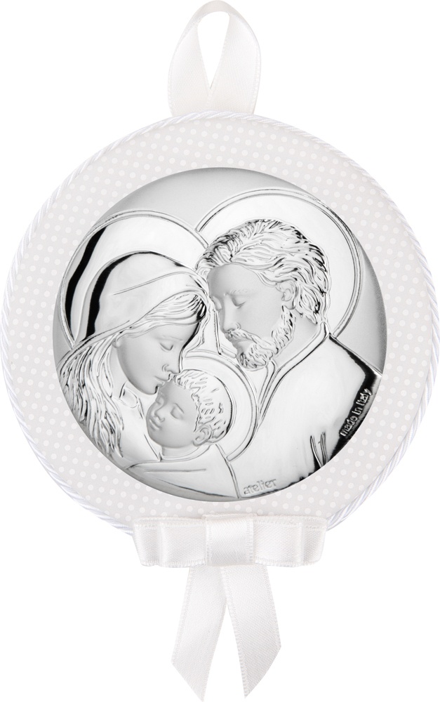 Icoana argintata Sfanta Familie rama rotunda Alba