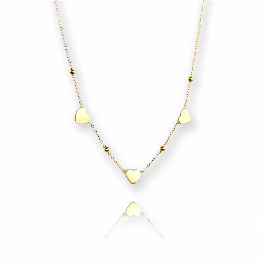 Colier Placat cu Aur de 14K-Model Lantisor Fin cu Inimioare si Bobite