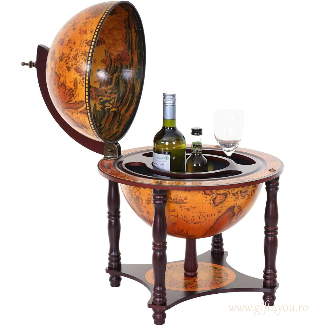 Bar Glob Pamantesc Adventure din lemn masiv, culoare maro roscat, cu ...