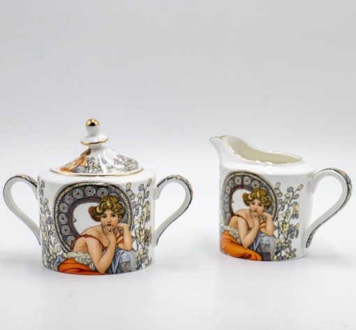 Set zaharnita latiera pentru servire ceai cafea picturi Alfons Mucha