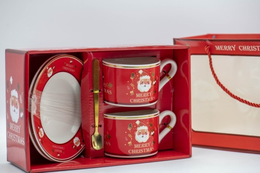 Cadou Craciun - Set 2 Cani Farfurii si Lingurite ceai sau cafea Mos ...