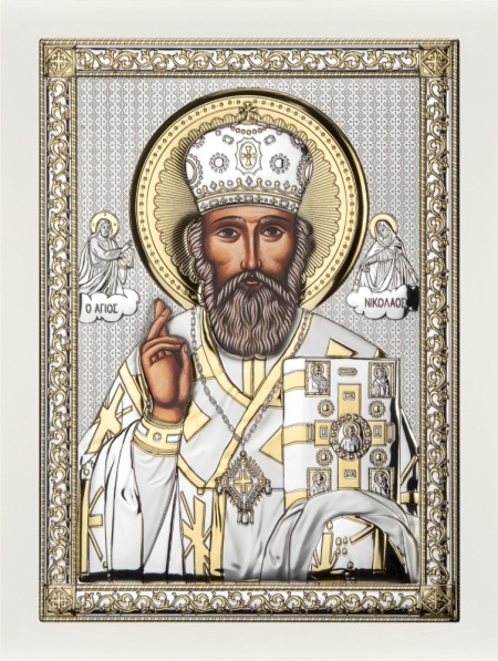 Icoana argintata Sfantul Nicolae rama alba