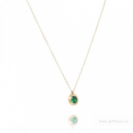 Colier Placat cu Aur de 14K - Model Lantisor fin cu Piatra mare verde