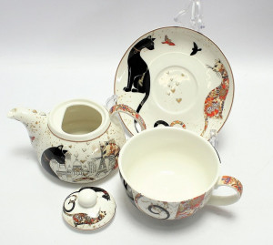 Set de ceai: farfurie, ceasca, ceainic cu capac City Cats