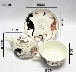 Set de ceai: farfurie, ceasca, ceainic cu capac City Cats