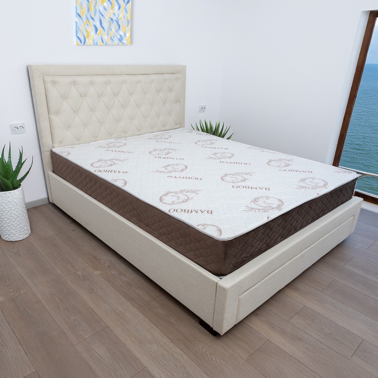 Set pat matrimonial cu sertar Austin, elemente lemn masiv, tapitat cu ...