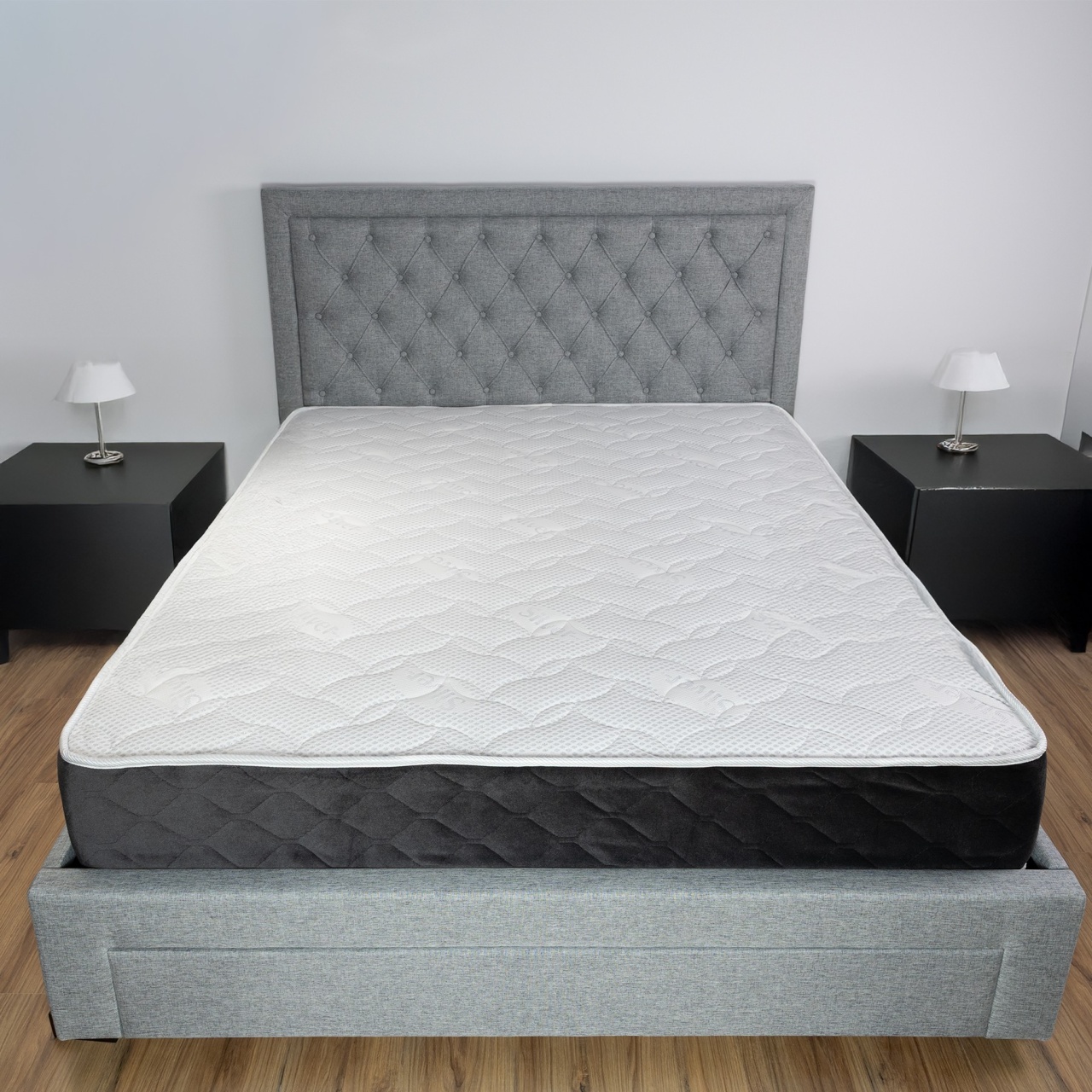 Set pat matrimonial cu sertar Austin, elemente lemn masiv, tapitat cu ...