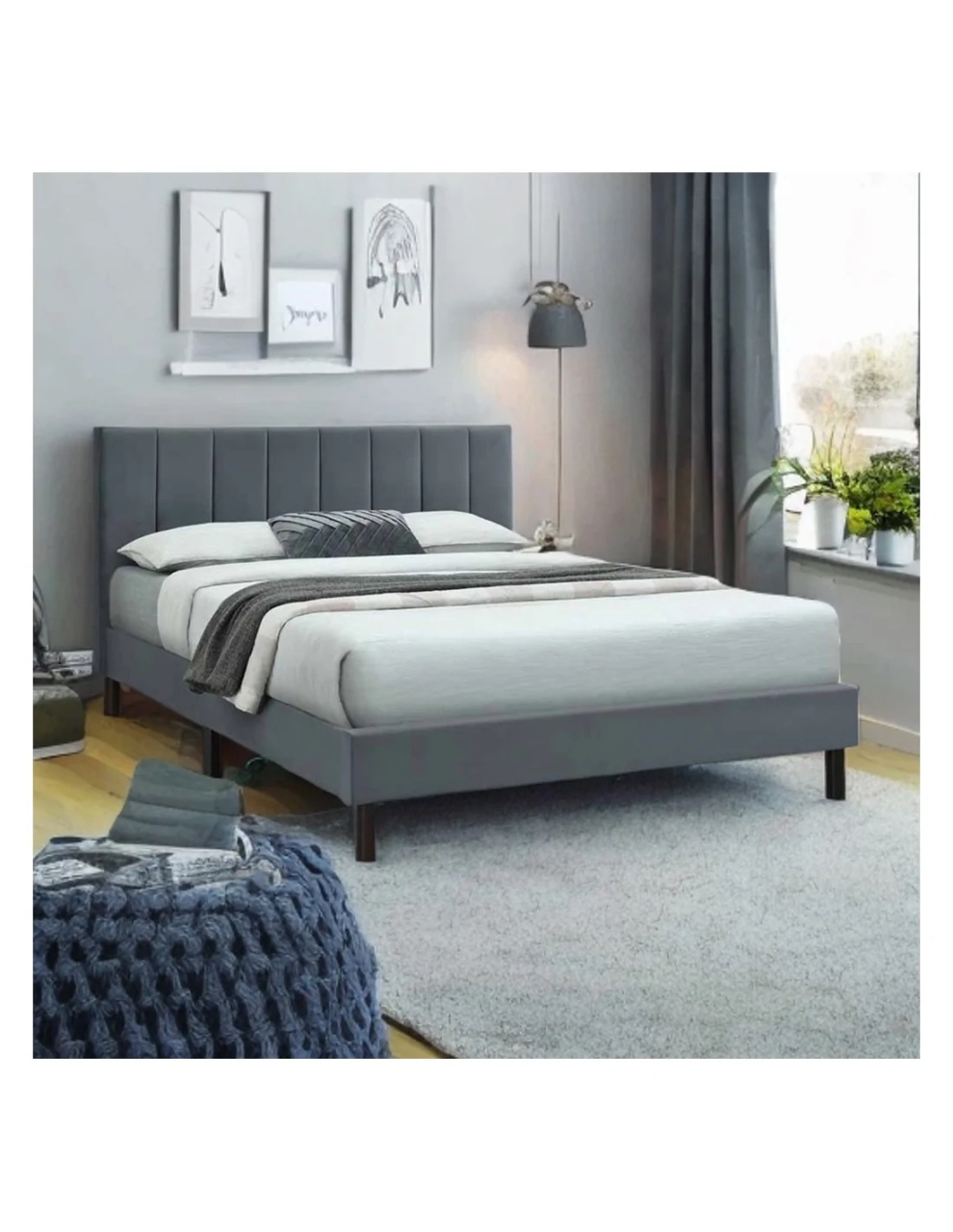 Pat matrimonial Limess, elemente lemn masiv, tapitat cu catifea, cu ...