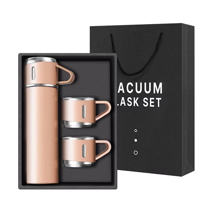 Set 3 piese, termos si 2 cani, 500 ml, interior din inox, Roz