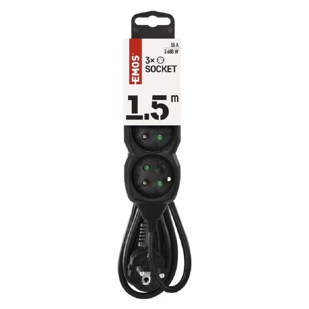Prelungitor 3 prize schuko, 1.5 metri, protectie copii, Negru, Emos