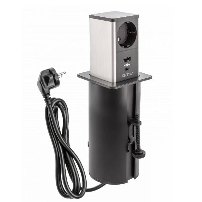 Priza incorporabila neagra model TOWER cu o priza Schuko, USB-A, USB-C ...