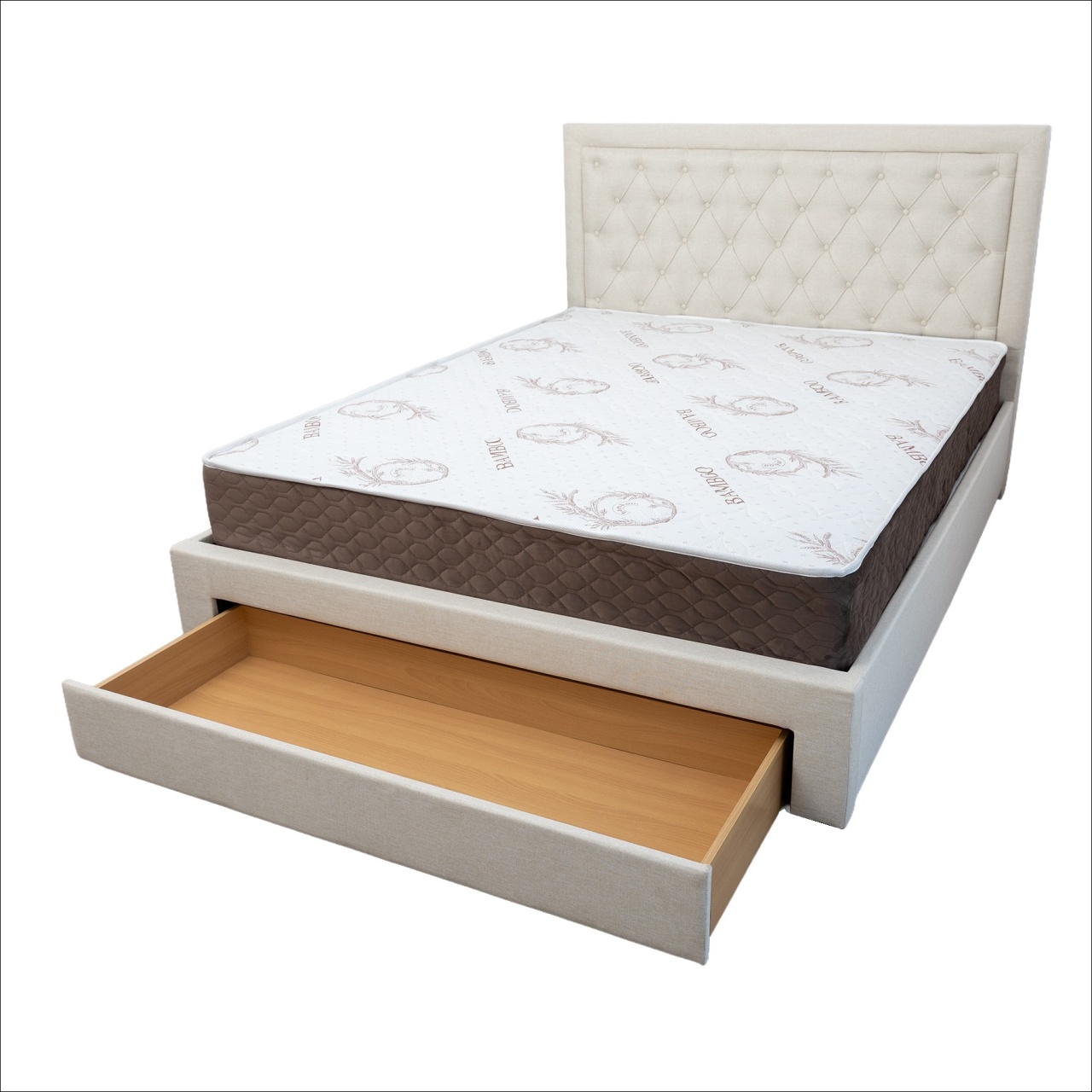 Set pat matrimonial cu sertar Austin, elemente lemn masiv, tapitat cu ...
