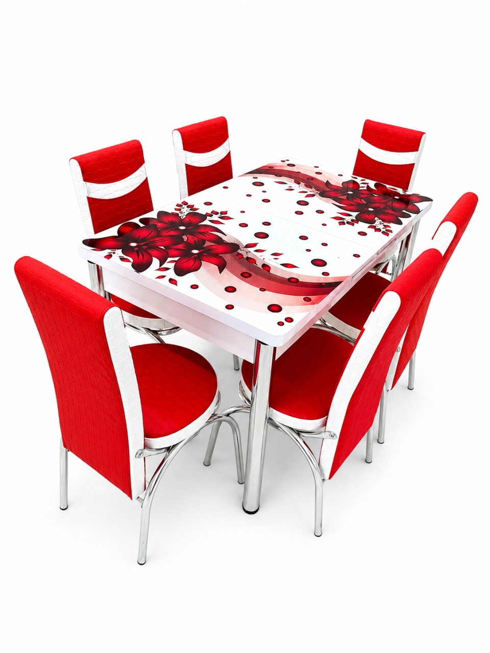 Set masa extensibila cu 6 scaune 1637 - model floral rosu