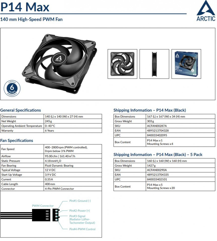 Ventilator za kućište Arctic P14 MAX, 14cm, 4 pin, up to 2800 rpm, ACFAN00287A