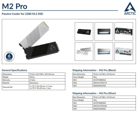 SSD Cooler for M.2 Drives Arctic M2 Pro (Silver), ACOTH00002A