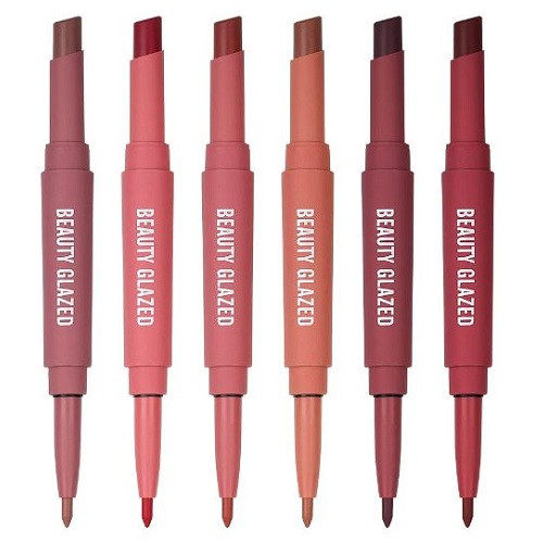 Set 6 rujuri de buze si creioane contur, Beauty Glazed, Double Ended, Matte