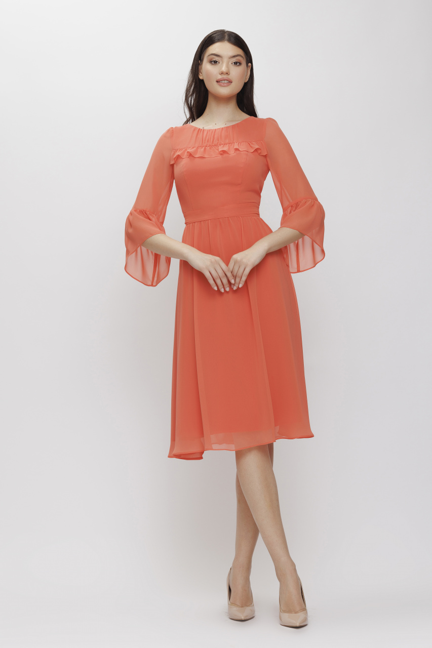 Rochie 'Evelyn' midi corai din voal cu volănașe