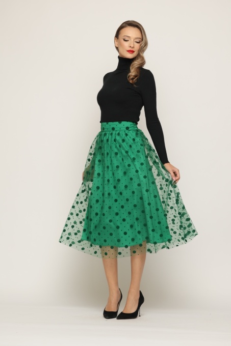 Fustă midi verde din tulle cu buline