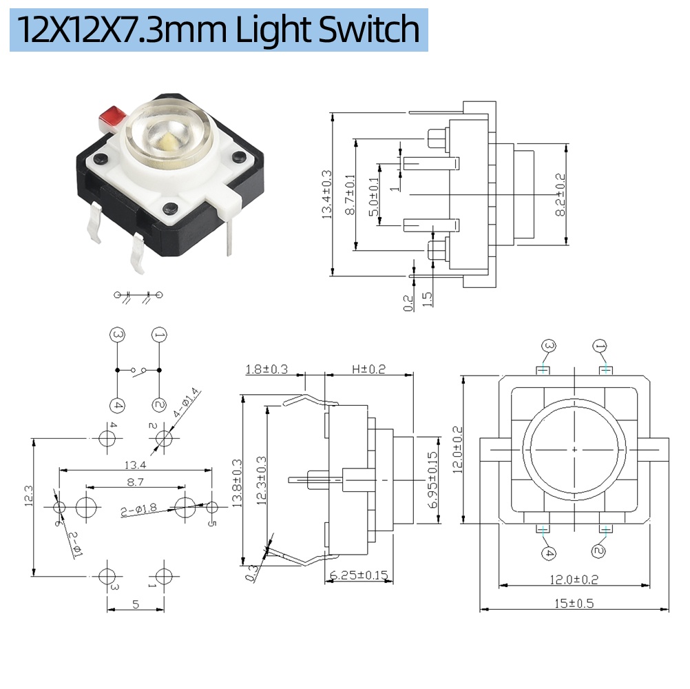 Taster za PCB montažu 12x12x7.3mm LED žuti
