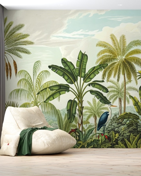 Fototapet Tropical Vintage Cu Palmieri si Pasari – Tapet Personalizat ...