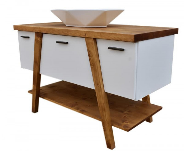 Masca lavoar lemn masiv + mdf alb, 1 usa si 2 sertare, 120 x 55 x 75 cm