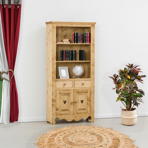 Biblioteca Cabana cu 2 usi si 2 sertare, Lemn masiv rustic, 93 x 38 x ...
