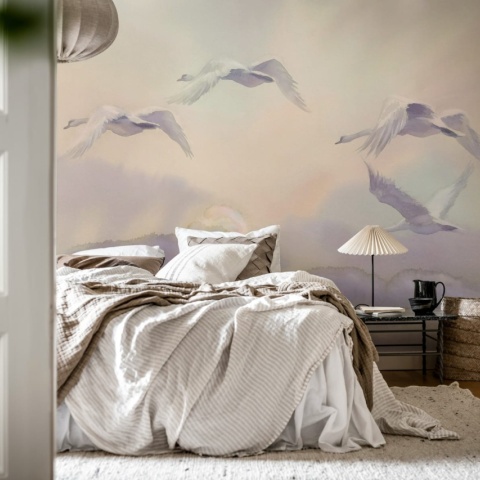 Fototapet, Flying Swans, Pastel, Rebel Walls