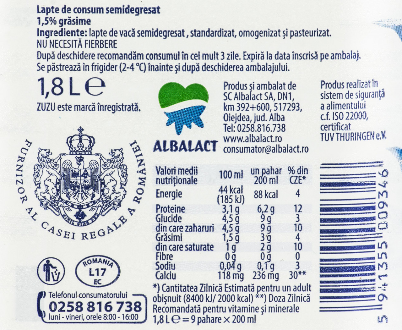 Lapte Proaspat Pasteurizat Bidon 1.5% ZUZU 1.8L