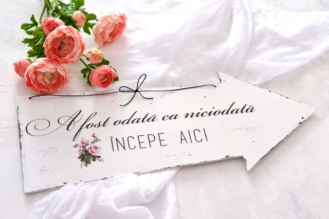 Semn sageata nunta ''A fost odata ca niciodata'', cu trandafir Shabby Chic
