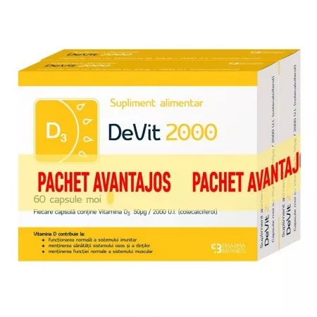 Pachet DeVit vitamina D3 2000 UI, 60 capsule + 60 capsule, Pharma Brands