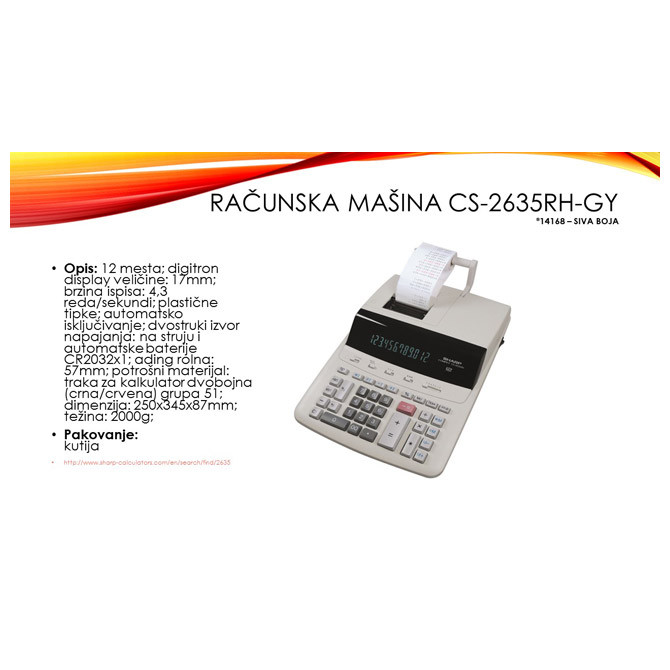 Računska mašina 12mesta Sharp CS-2635RH-GY siva