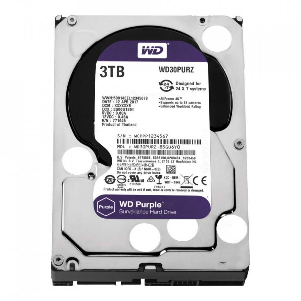 Hard disk 3TB Western Digital Purple WD30PURX, Buffer 64MB, SATA3, 5400rpm